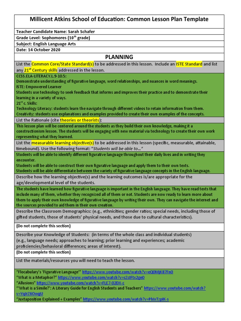 Millicent Atkins School of Education: Common Lesson Plan Template | PDF ...