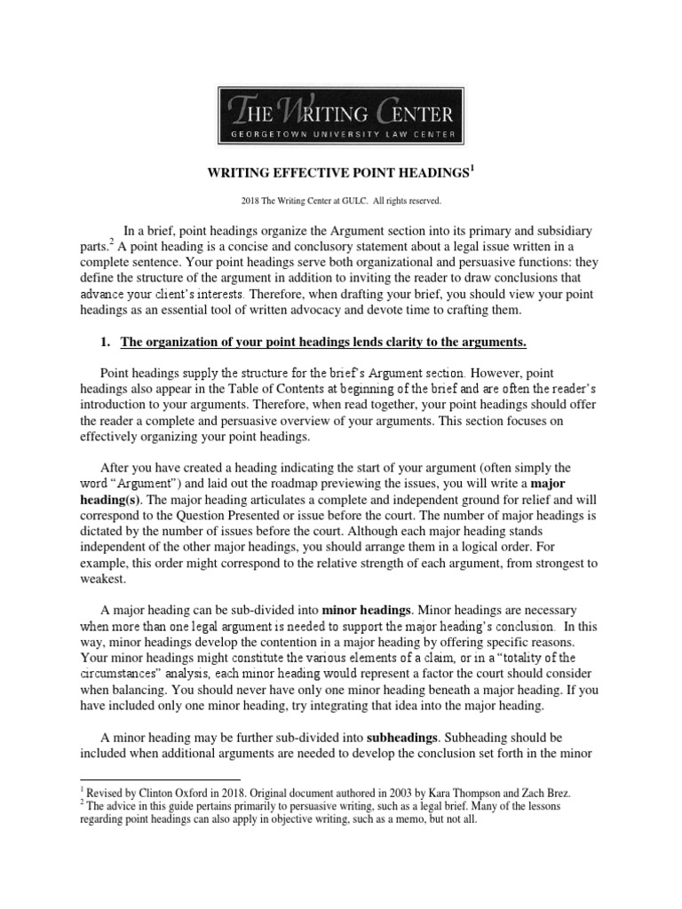Writing Effective Point Headings: 2018 The Writing Center at GULC. All ...