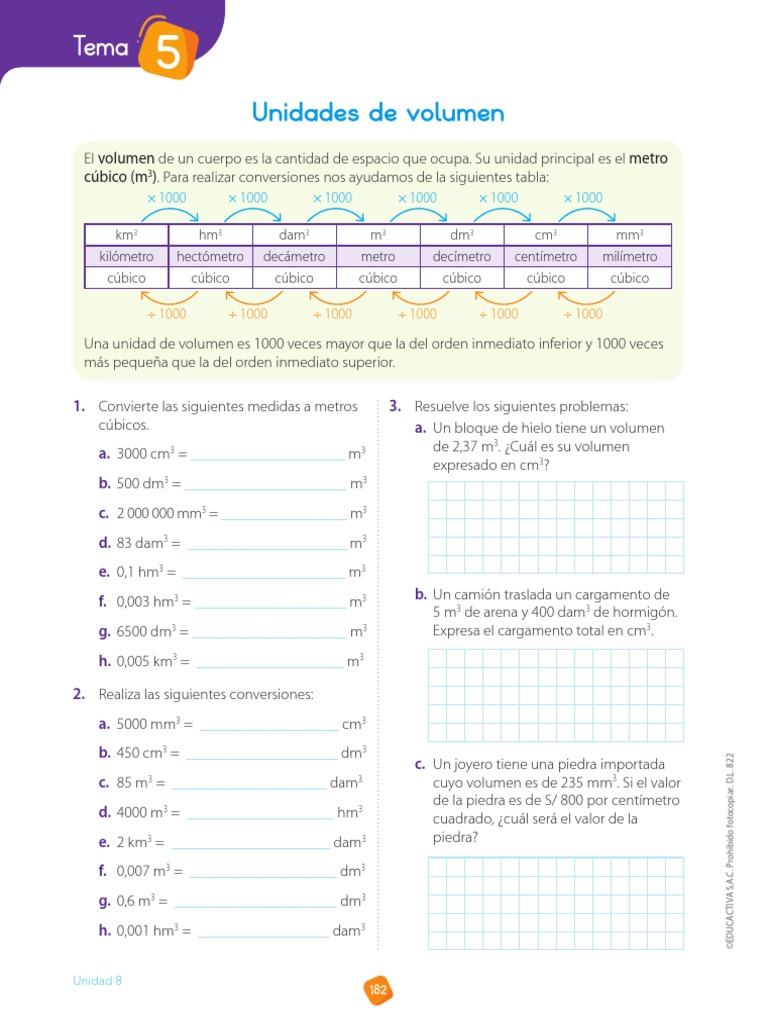 Ficha de Actividad - Conversiones de Unidades de Volumen 6to Grado PDF ...