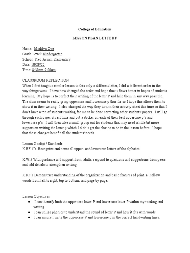 College of Education Lesson Plan Letter P | PDF | Letter Case ...
