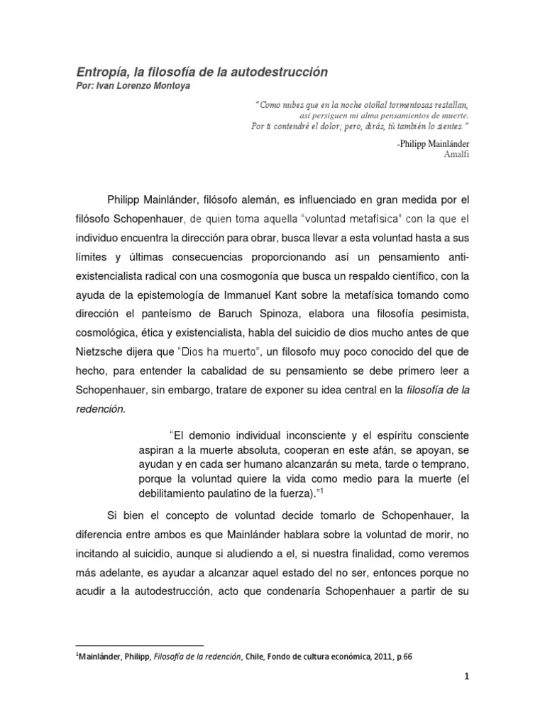 Entropía La Filosofía de La Autodestrucción - Philipp Mainlánder | PDF ...