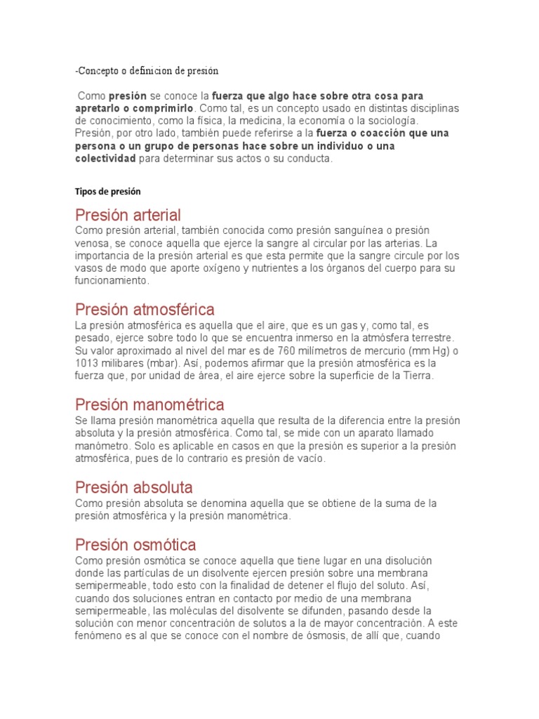 Concepto o Definicion de Presión | PDF | Pascal (Unidad) | Presión