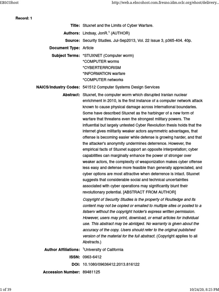Stuxnet and The Limits of Cyber Warfare | PDF | Cyberwarfare | Security