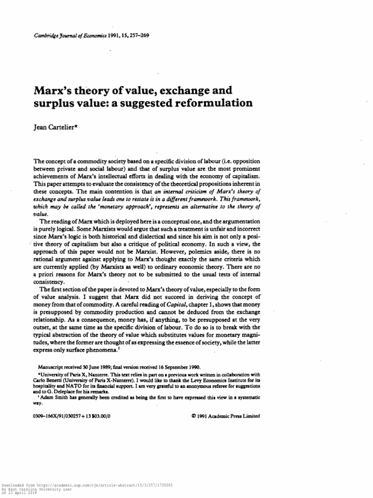 Marx's Theory of Value, Exchange and Surplus Value: A Suggested ...