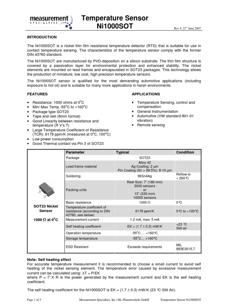 Datasheet Ni1000SOT 07 | PDF | Sensor | Thin Film
