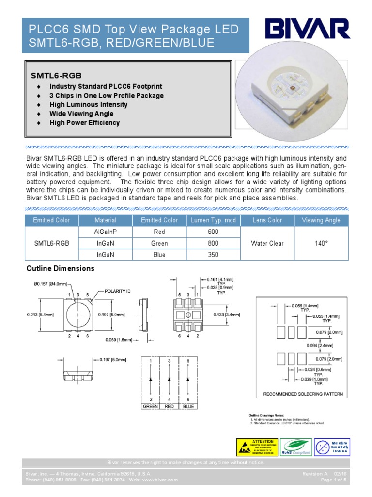 PLCC6 SMD Top View Package LED Smtl6-Rgb, Red/Green/Blue | PDF | Color ...