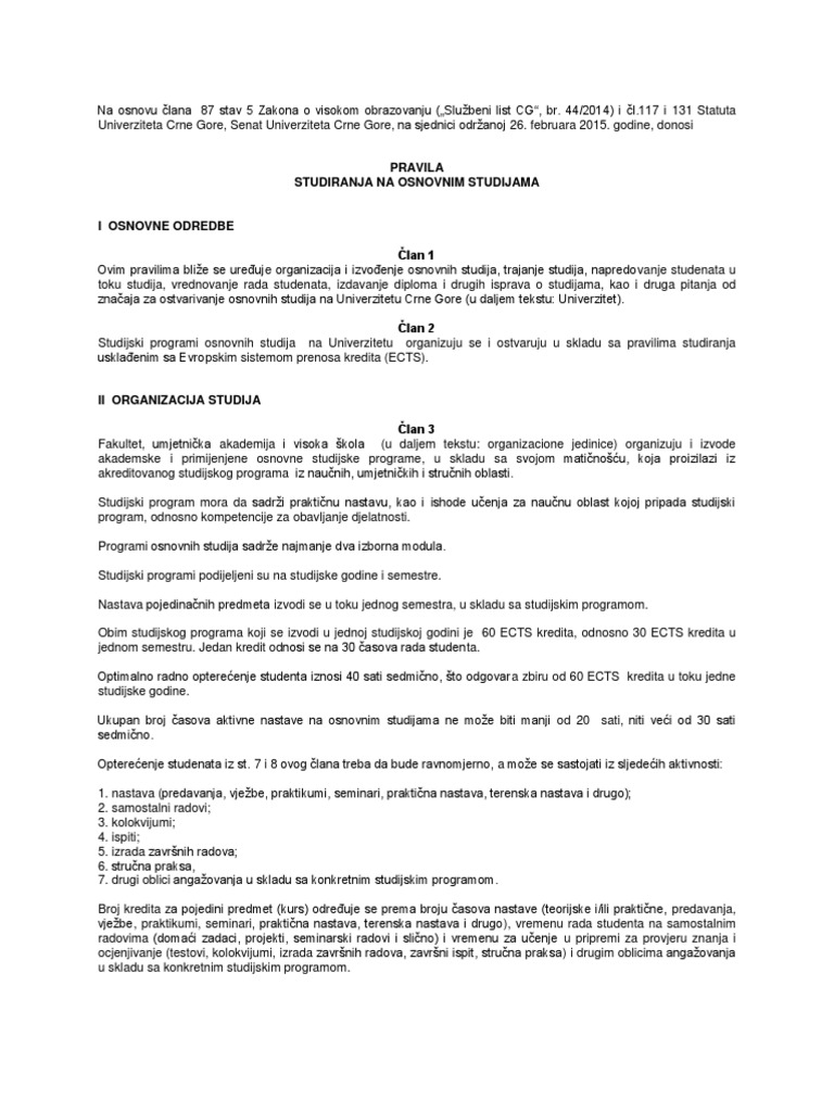 Pravila Studiranja Na Osnovnim Studijama PDF | PDF