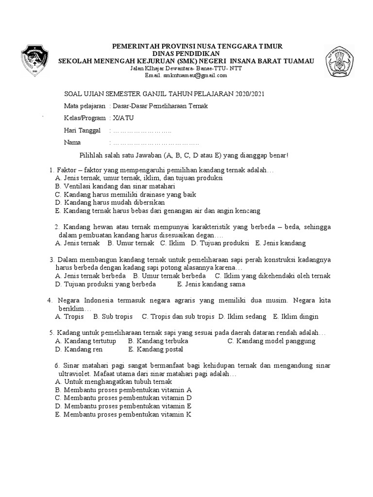 Soal Dasar Pemeliharaan Ternak X ATU | PDF