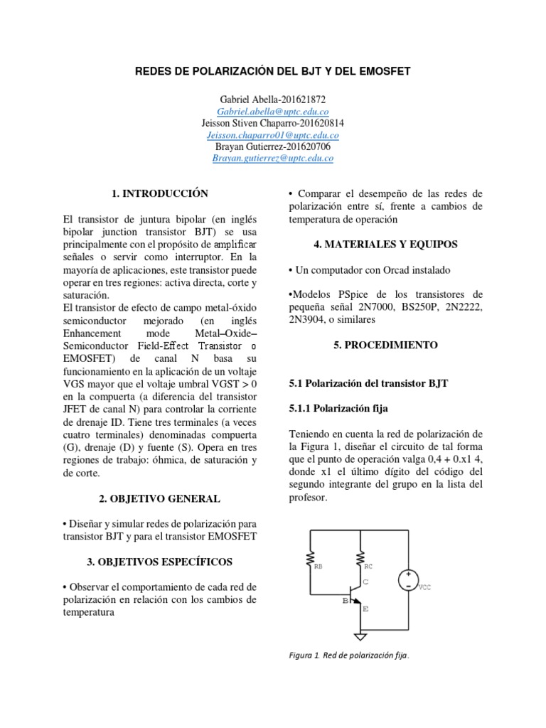 Informe - Guia - 1 - Redes de Polarización Del BJT y Del Emosfet PDF | PDF | Transistor ...