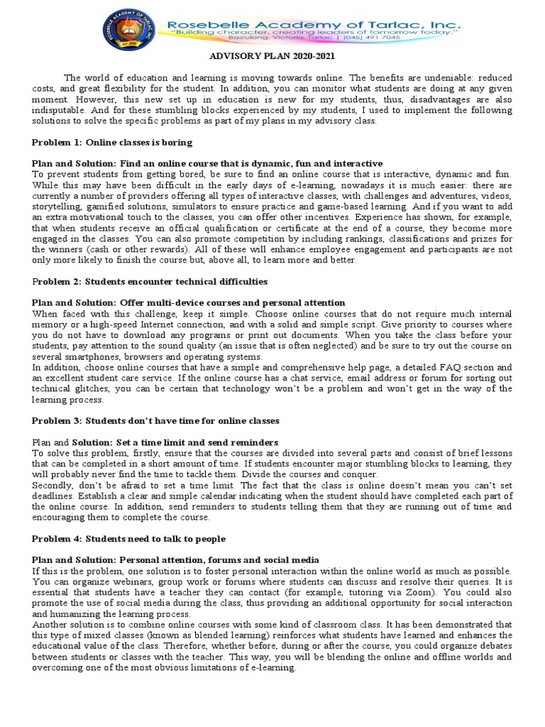 Advisory Plan 2020-2021 | PDF | Educational Technology | Teachers