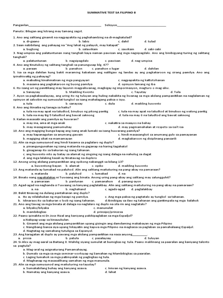 Summative Test Sa Filipino 8 | PDF