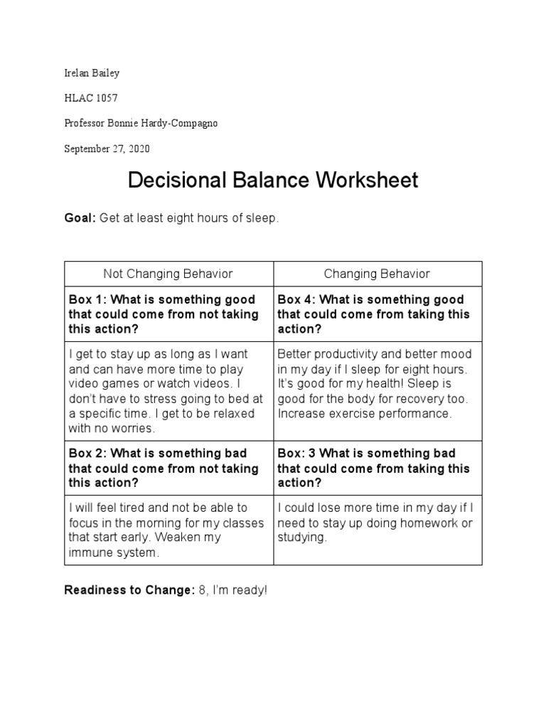 Decisional Balance Worksheet | PDF