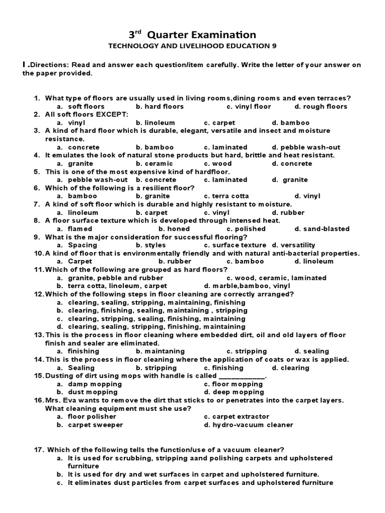 3 Quarter Examination: Technology and Livelihood Education 9 I | PDF ...