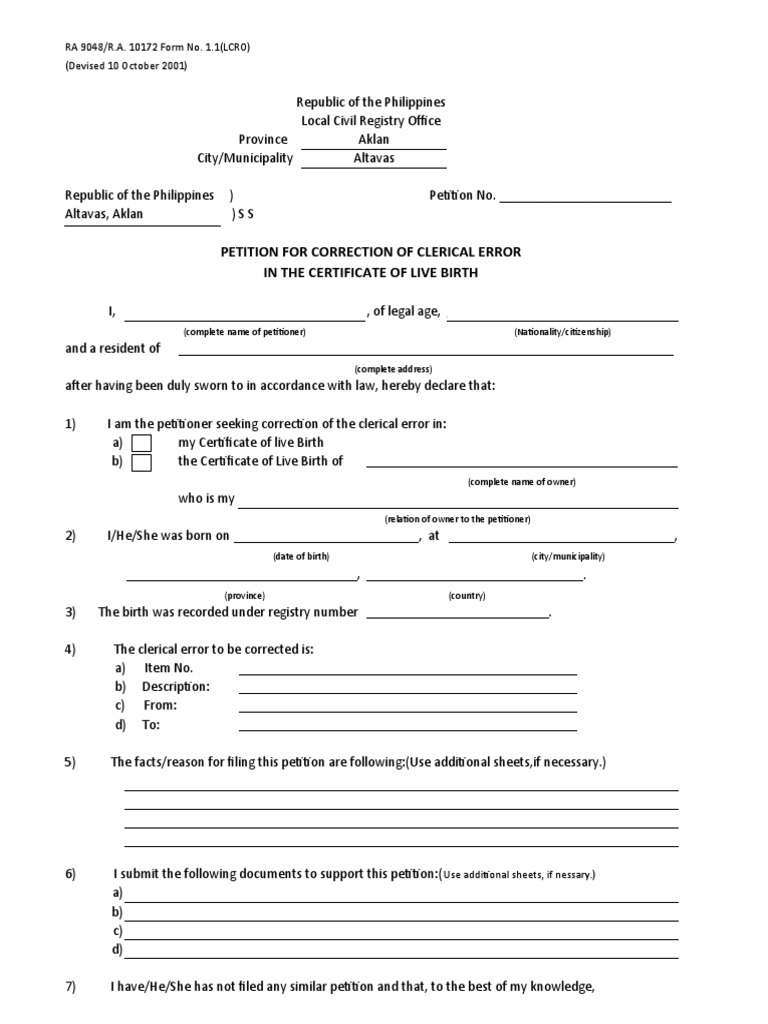 Petition For Correction of Clerical Error in The Certificate of Live ...