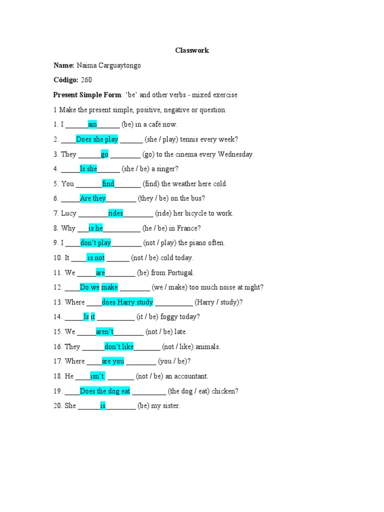 Present Simple Form Exercise | PDF