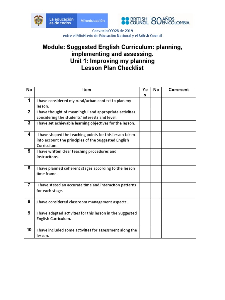 English Curriculum Lesson Planning Checklist | PDF