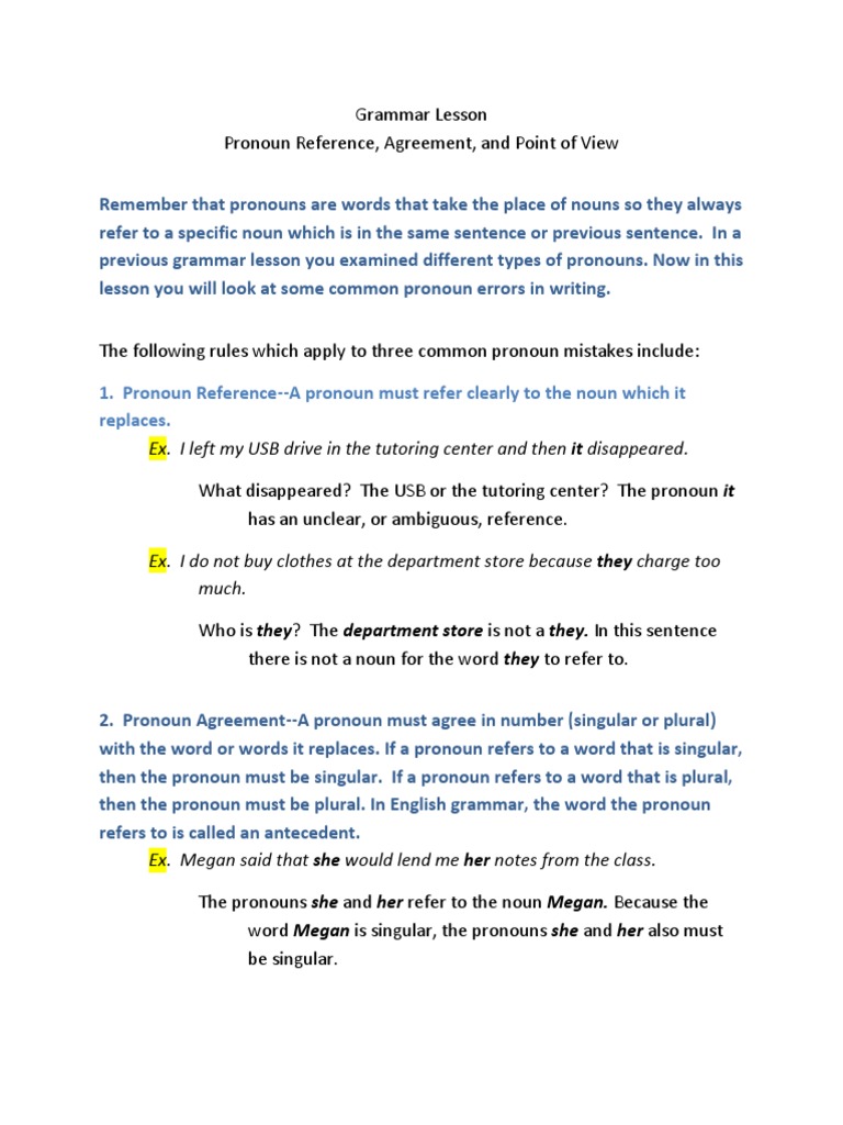 Grammar Lesson 14 Pronoun Refer, Agree, Pov MINI PDF | PDF | Pronoun ...