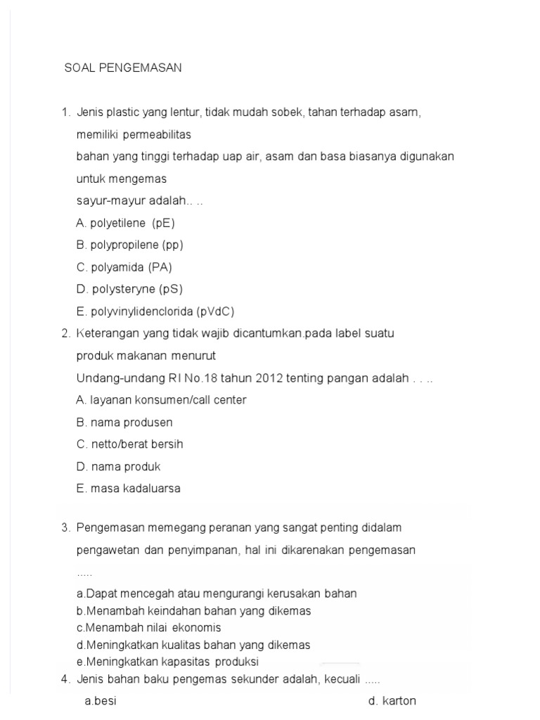 (PDF) Latihan Soal Pengemasan | PDF