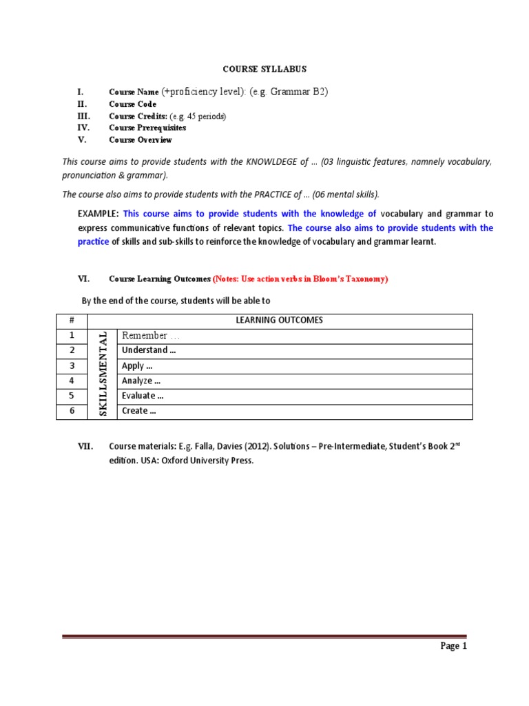 1A Course Design Template (Reference) | PDF | Educational Assessment ...