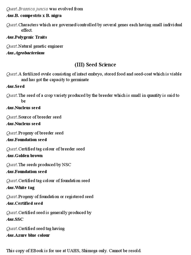 Seed Technology MCQs and Answers | PDF | Seed | Embryo
