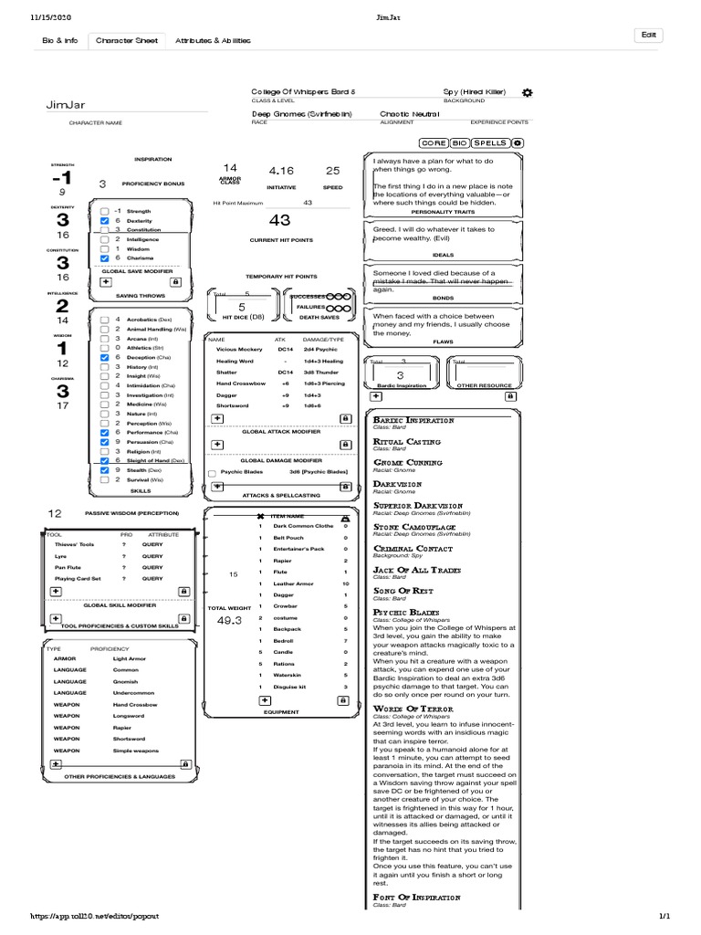 JimJar Core Sheet PDF | PDF | Dungeons & Dragons | Role Playing Games