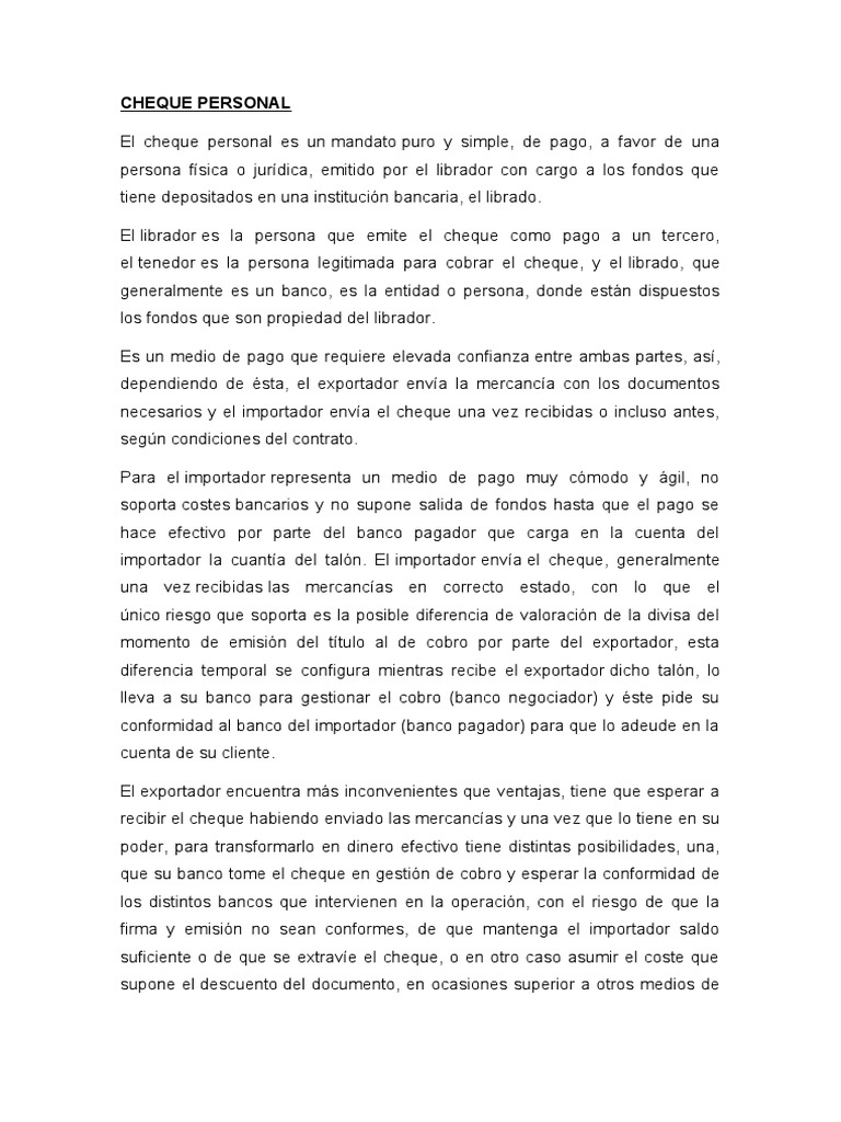 Cheque Personal: Definición y Uso | PDF | Cheque | Bancos