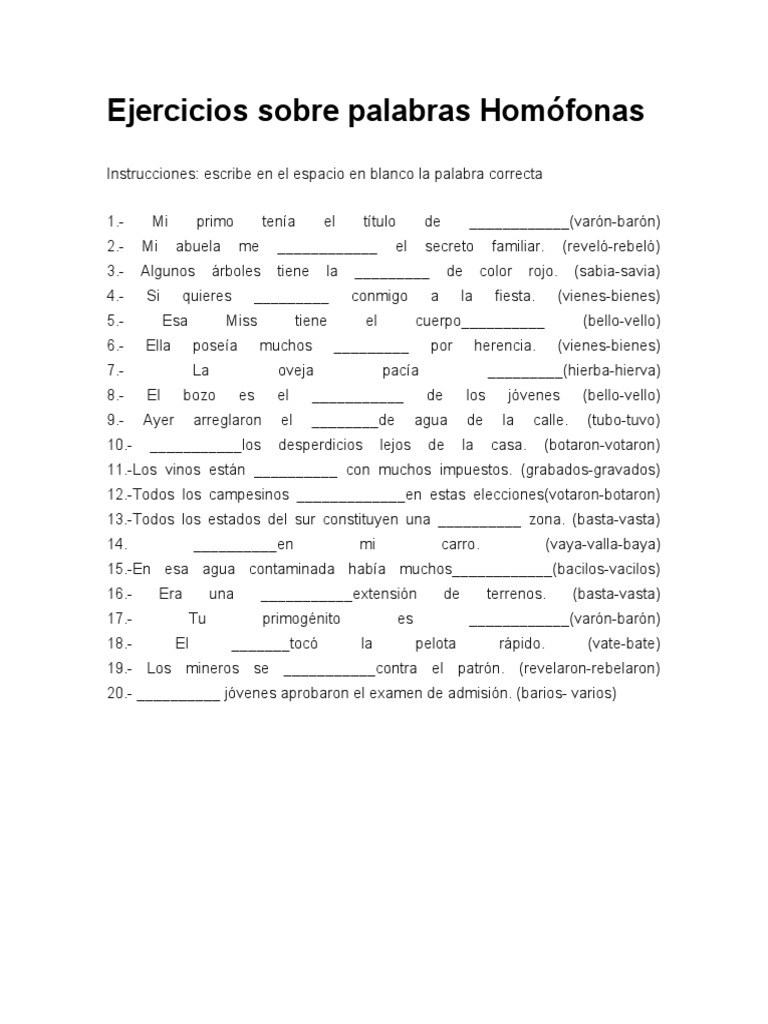 Hojas De Trabajo De Homófonos Palabras Homófonas Con B Y Con V / Con