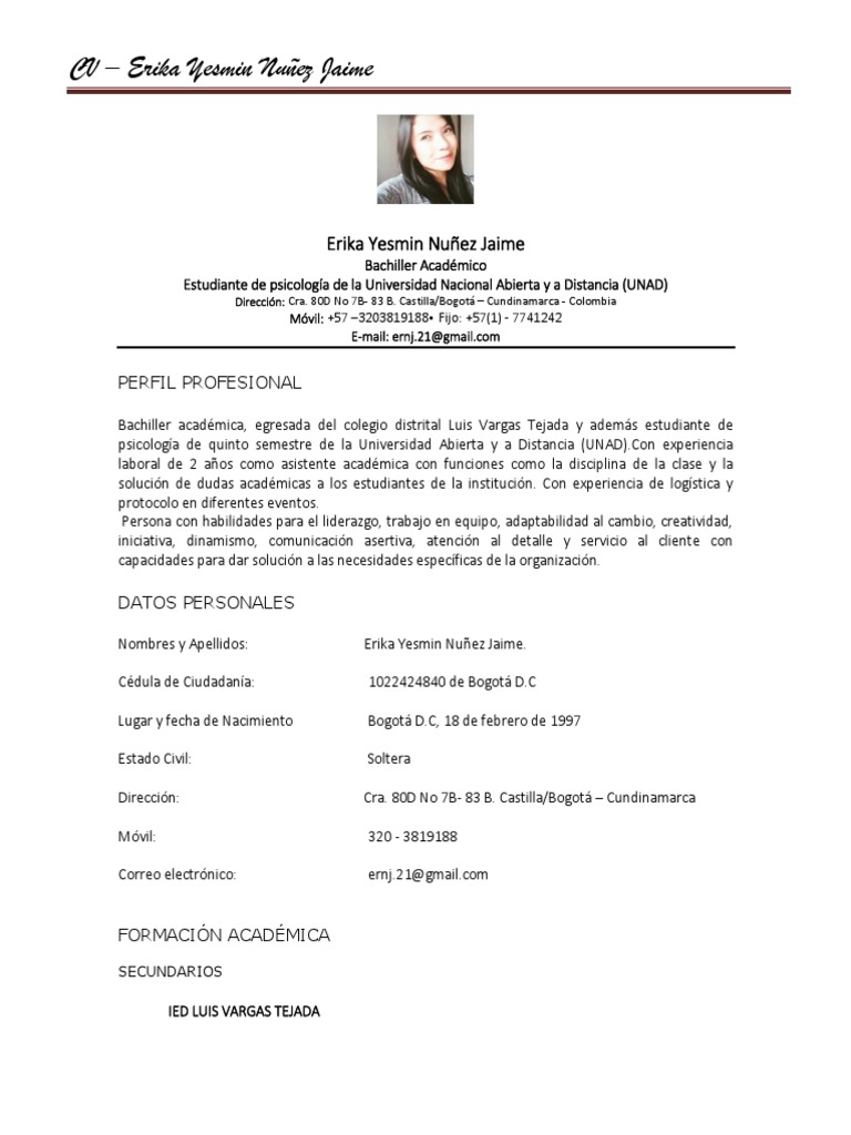 CV - Erika - Nuñez - Jaime PDF | PDF | Bogotá | Sicología