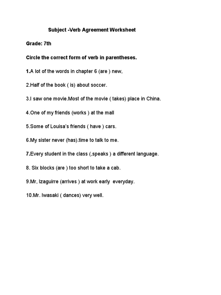 Subject - Verb Agreement Worksheet Grade: 7th Circle The Correct Form ...