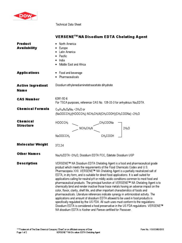 Versene Disodium EDTA | PDF | Ethylenediaminetetraacetic Acid | Chelation