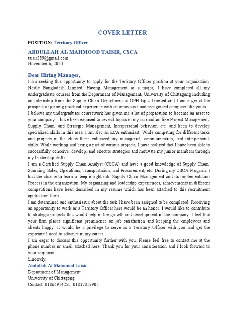 Cover Letter (Abdullah Al Mahmood Taisir) | PDF | Supply Chain ...