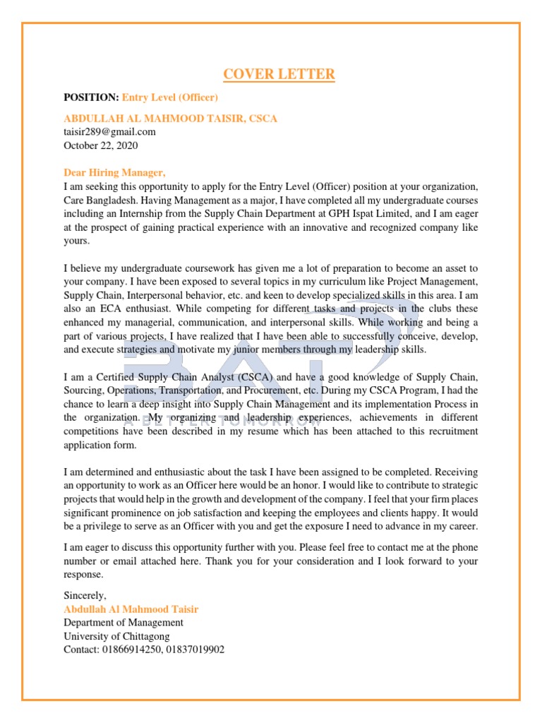 Cover Letter (Abdullah Al Mahmood Taisir), Officer, Care Bangladesh ...