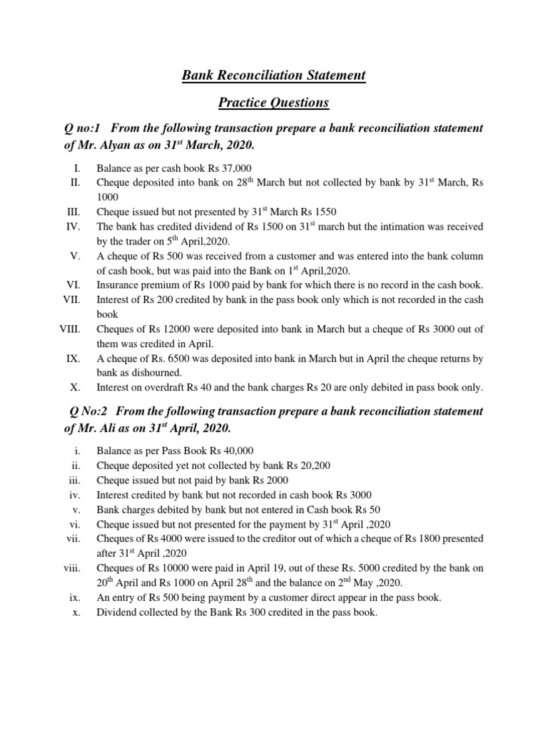 BRS Practice Questions | PDF | Overdraft | Cheque