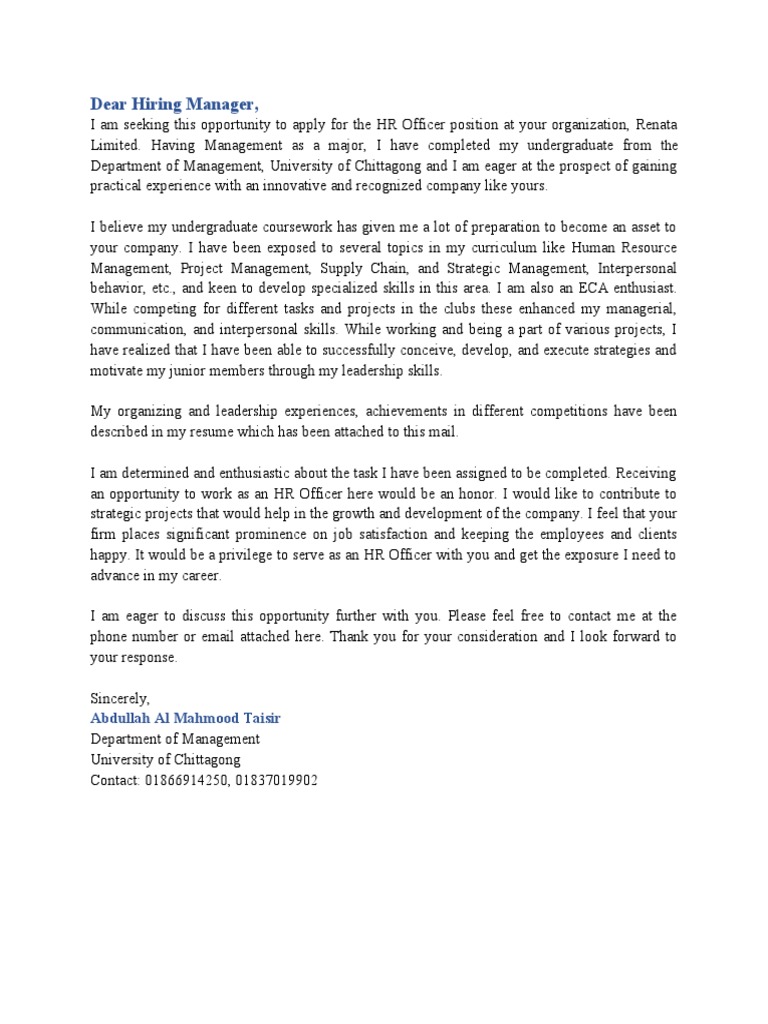 Dear Hiring Manager,: Abdullah Al Mahmood Taisir | PDF