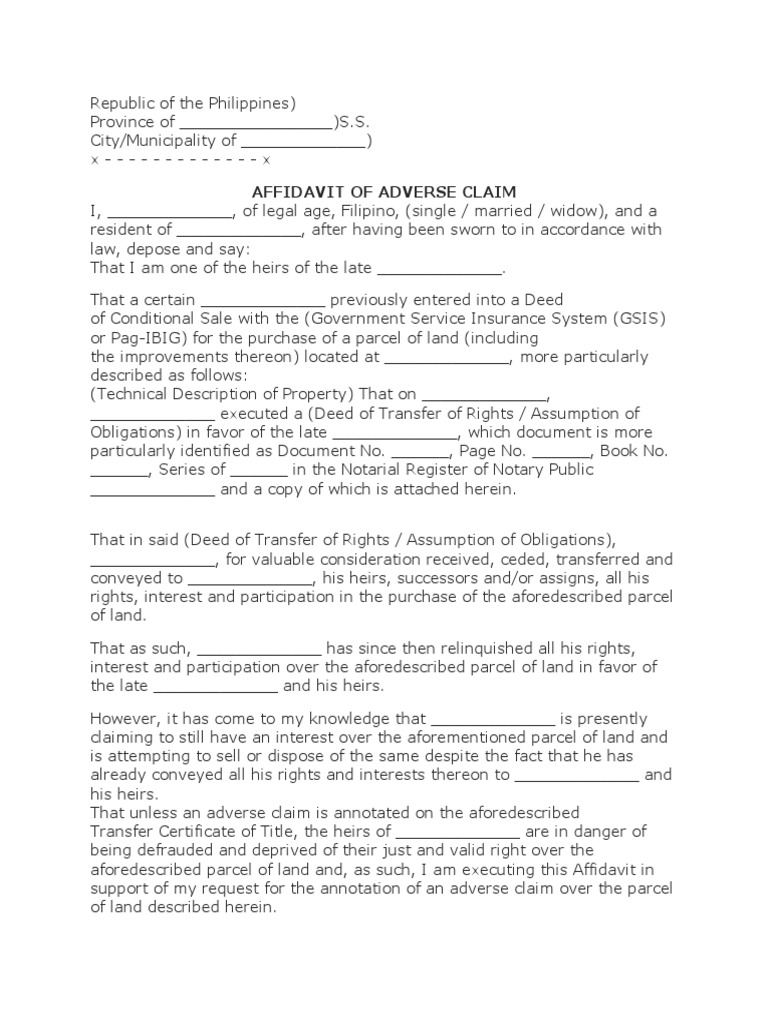 Adverse Claim Sample | PDF | Affidavit | Deed