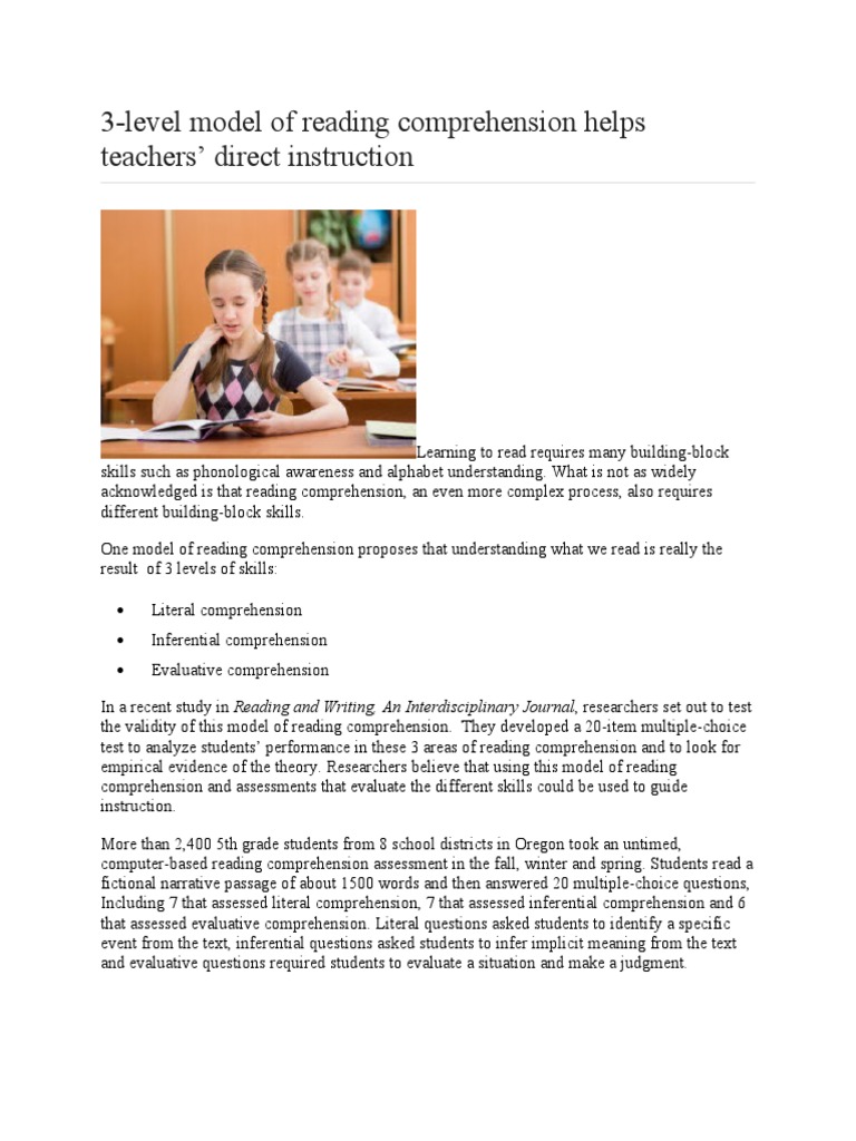 3-Level Model of Reading Comprehension Helps Teachers' Direct ...