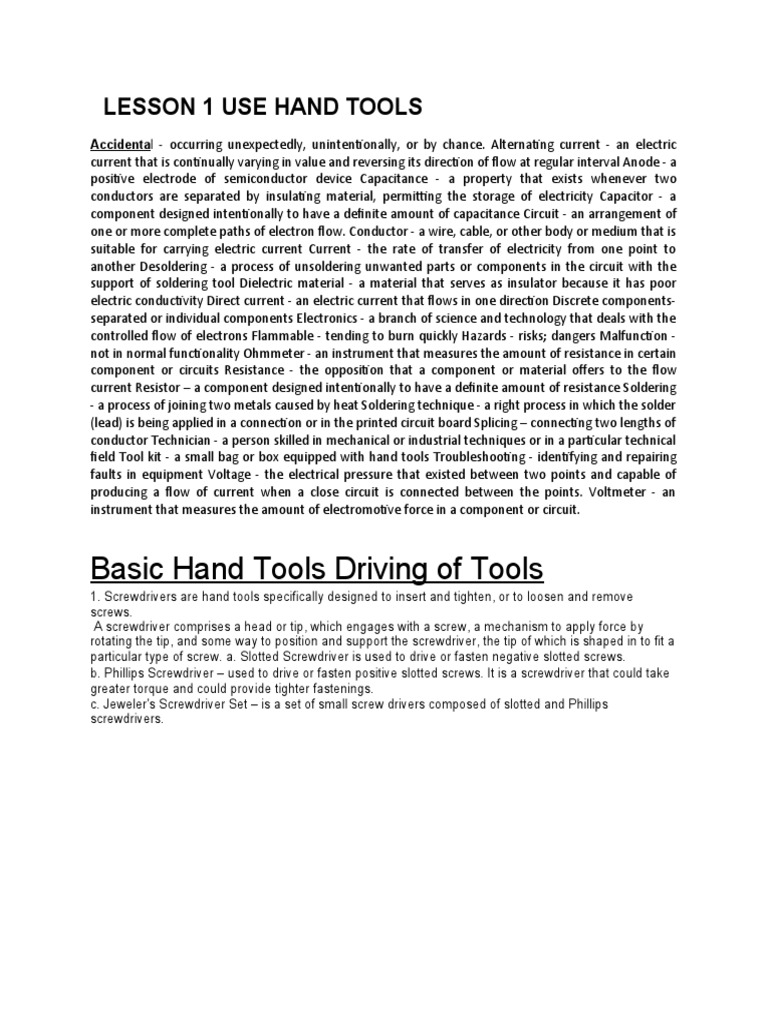Lesson 1 Use Hand Tools | PDF | Capacitor | Voltage