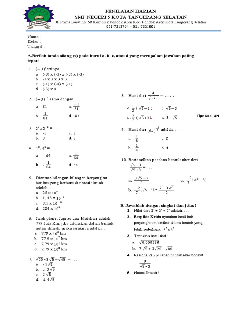Soal Matematika SMP: Eksponen & Notasi Ilmiah | PDF | Metode & Bahan Ajar