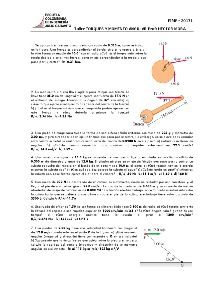 FIMF 20171 Taller TORQUES Y MOMENTO ANGU PDF | PDF | Fricción | Espacio