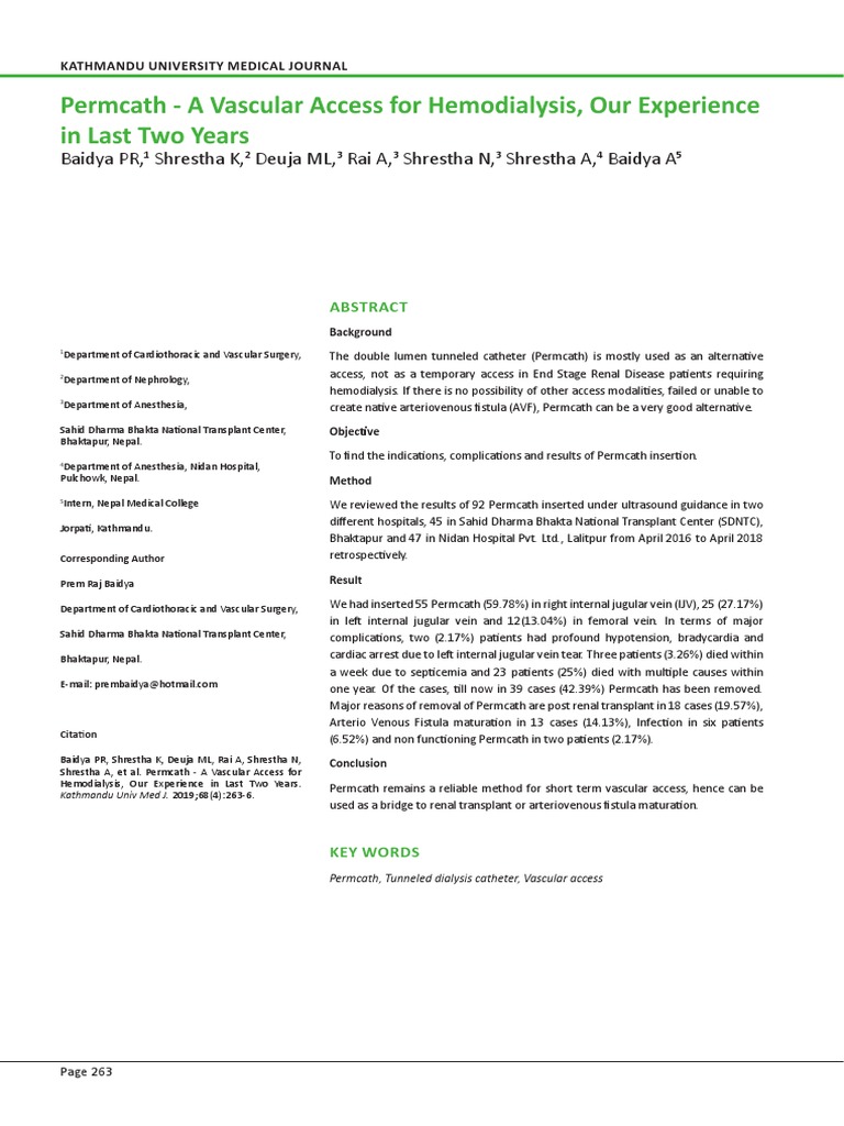 Permcath - A Vascular Access For Hemodialysis, Our Experience in Last ...