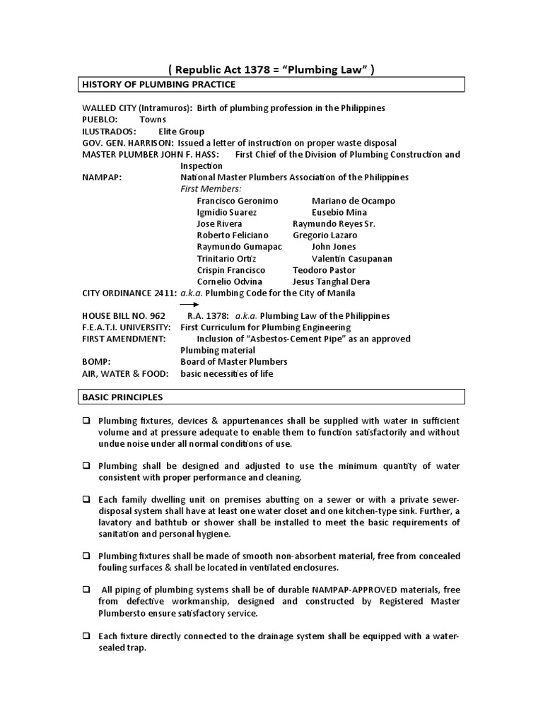 (Republic Act 1378 "Plumbing Law") : History of Plumbing Practice | PDF ...