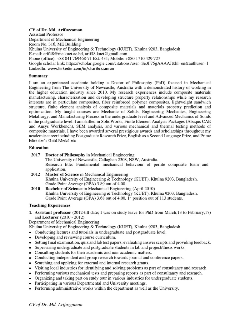 CV of Dr. Md. Arifuzzaman NUS PDF | PDF | Composite Material | Doctor ...