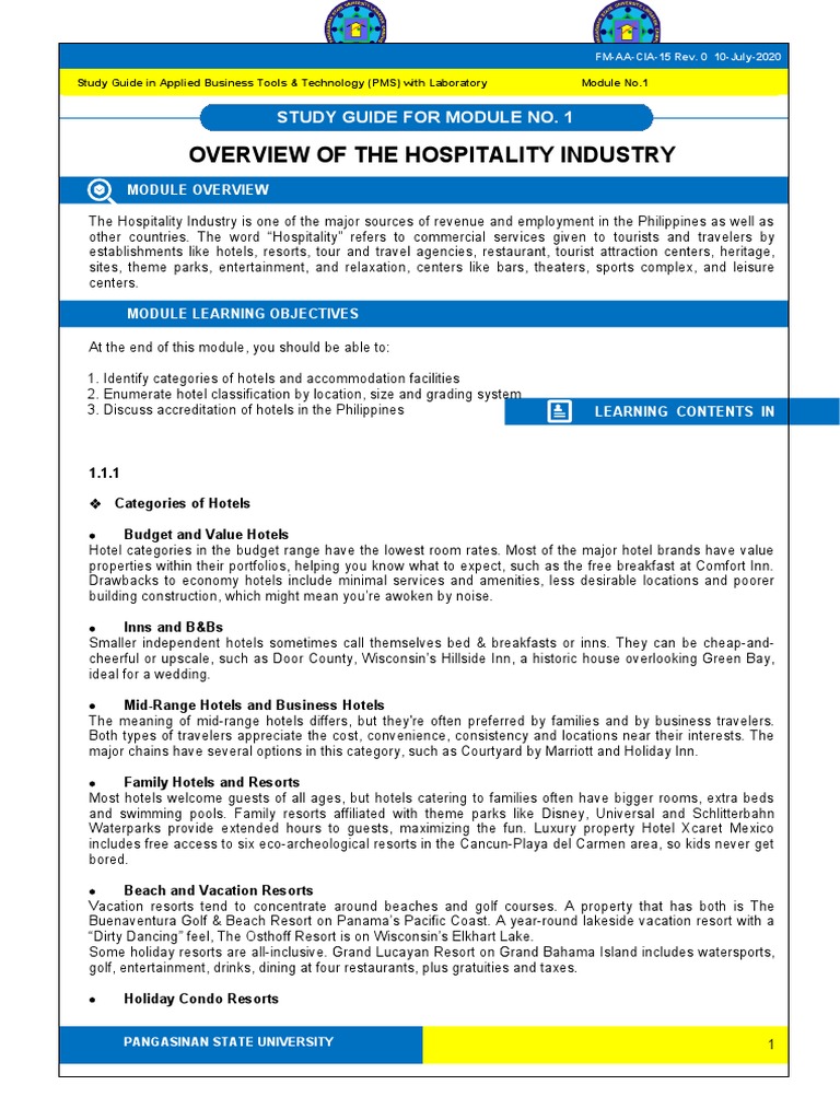Overview of The Hospitality Industry: Study Guide For Module No. 1 ...