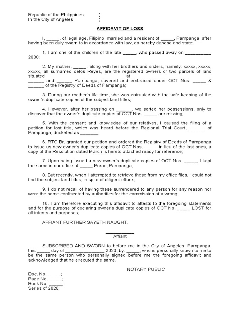 Affidavit of Loss Title | PDF | Affidavit | Government Information