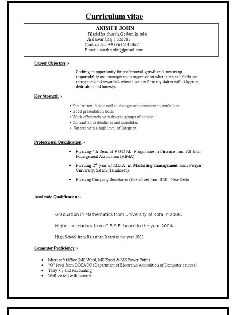 Anish Resume | PDF | Master Of Business Administration | Behavior ...