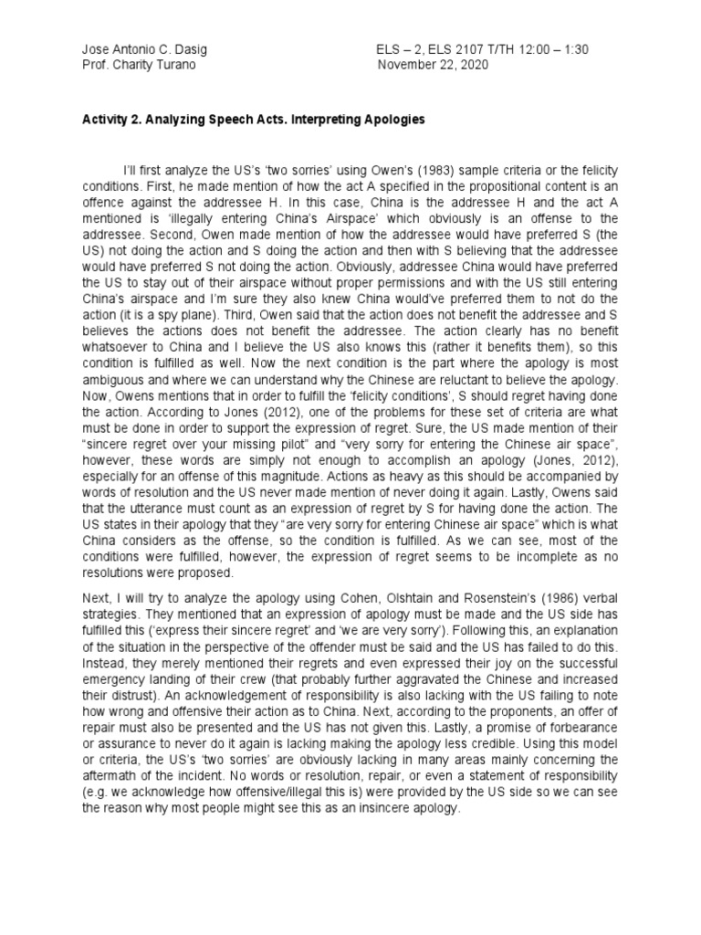 Activity 2. Analyzing Speech Acts. Interpreting Apologies | Download Free PDF | Epistemology ...