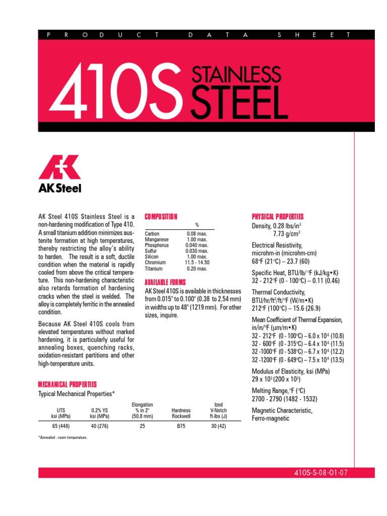 410S Data Sheet PDF | PDF | Stainless Steel | Steel