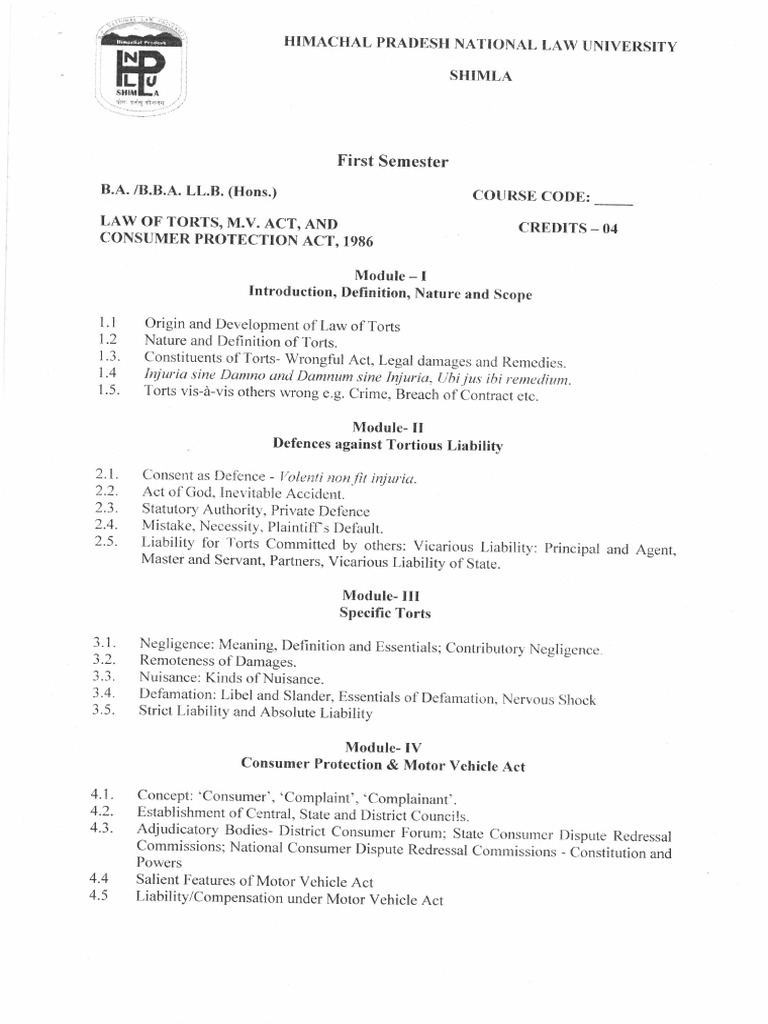 HPNLU 1st Semester Syllabus | PDF