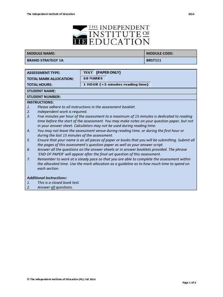 Module Name: Module Code: Brand Strategy 1A BRST111: The Independent Institute of Education 2014 ...