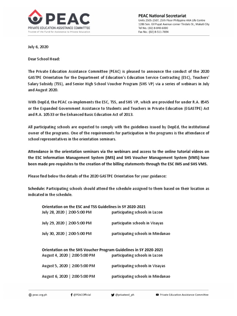 2020 GASTPE Orientation Letter To Schools | PDF | Web Conferencing ...